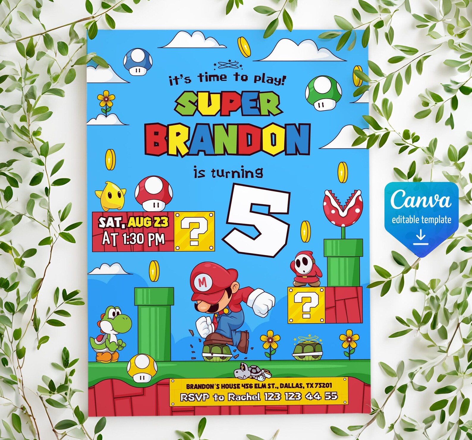 Mario Bros Invitation, Birthday Invite Boy Girl, Super Mario Movie ...