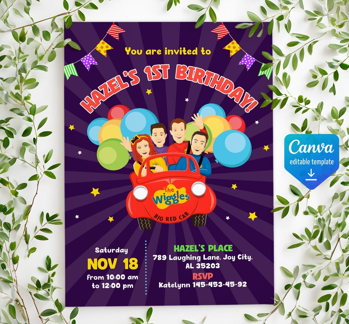 Printable Wiggles Birthday Invite, Wiigle Birthday Invitation, Editable ...