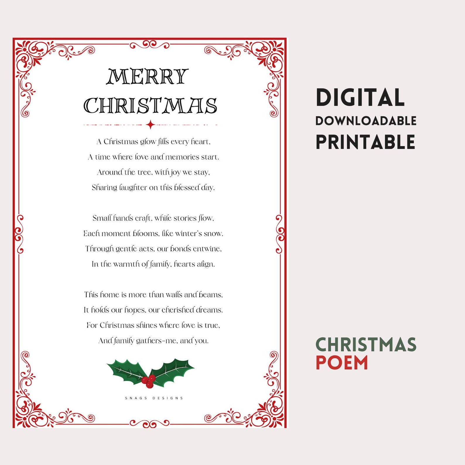 Festive Family Christmas Poem | Printable | Elegant Holiday Wall Art ...