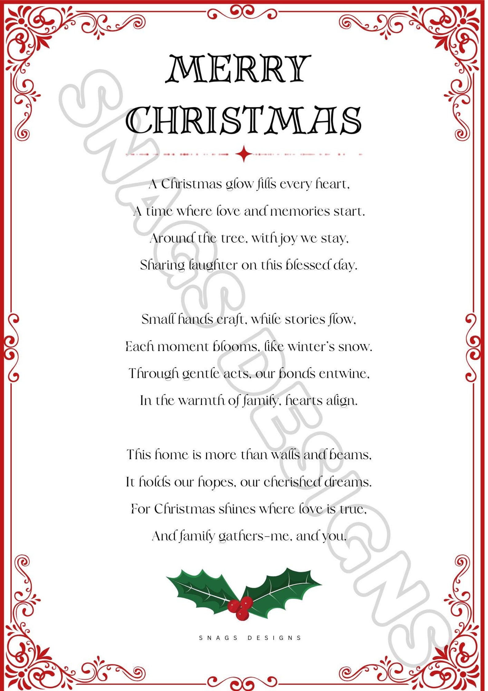 Festive Family Christmas Poem | Printable | Elegant Holiday Wall Art ...
