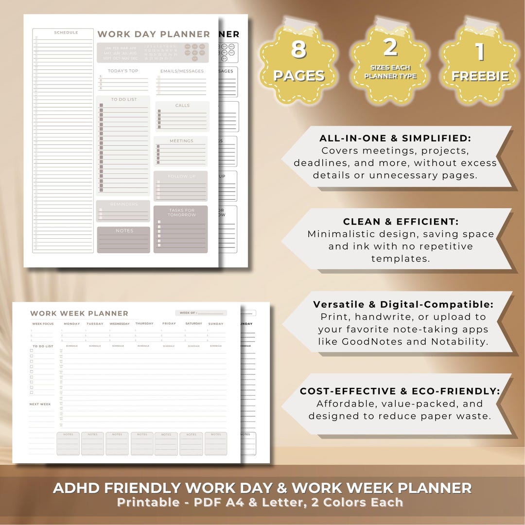 ADHD Friendly Work Day Hourly Planner Office Organizer Task List ...