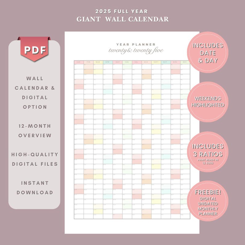 2025 Giant Printable Full Year Calendar Wall Planner Annual Digital ...
