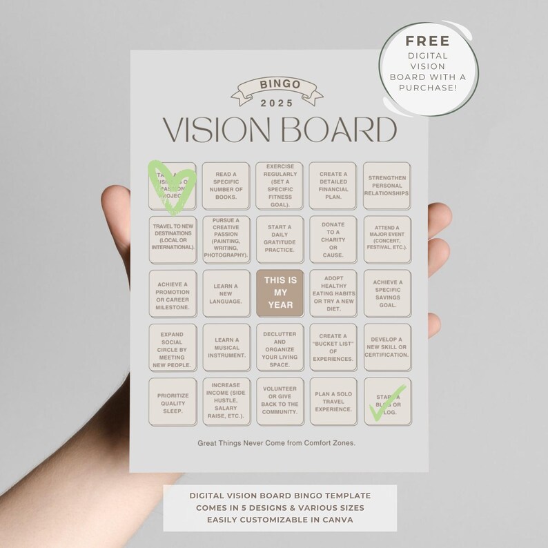 Vision Board Bingo Template Printable 2025 New Year Resolution Tracker ...