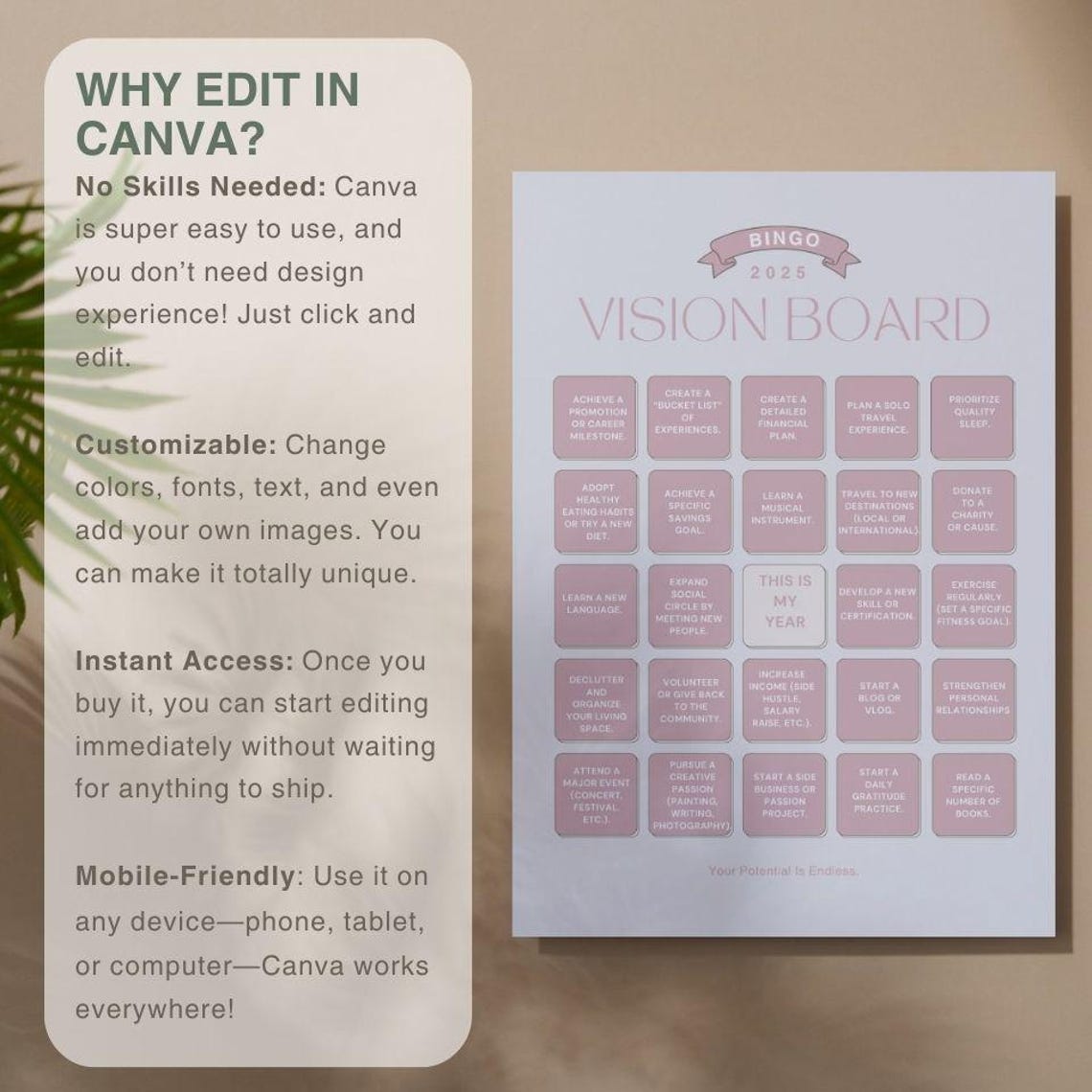 Vision Board Bingo Template Printable 2025 New Year Goals Resolution ...