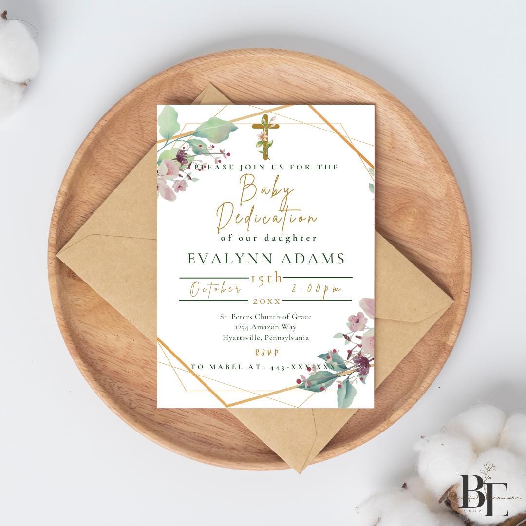 Editable Polygon Flower Border Baby Dedication Invitation | Canva ...
