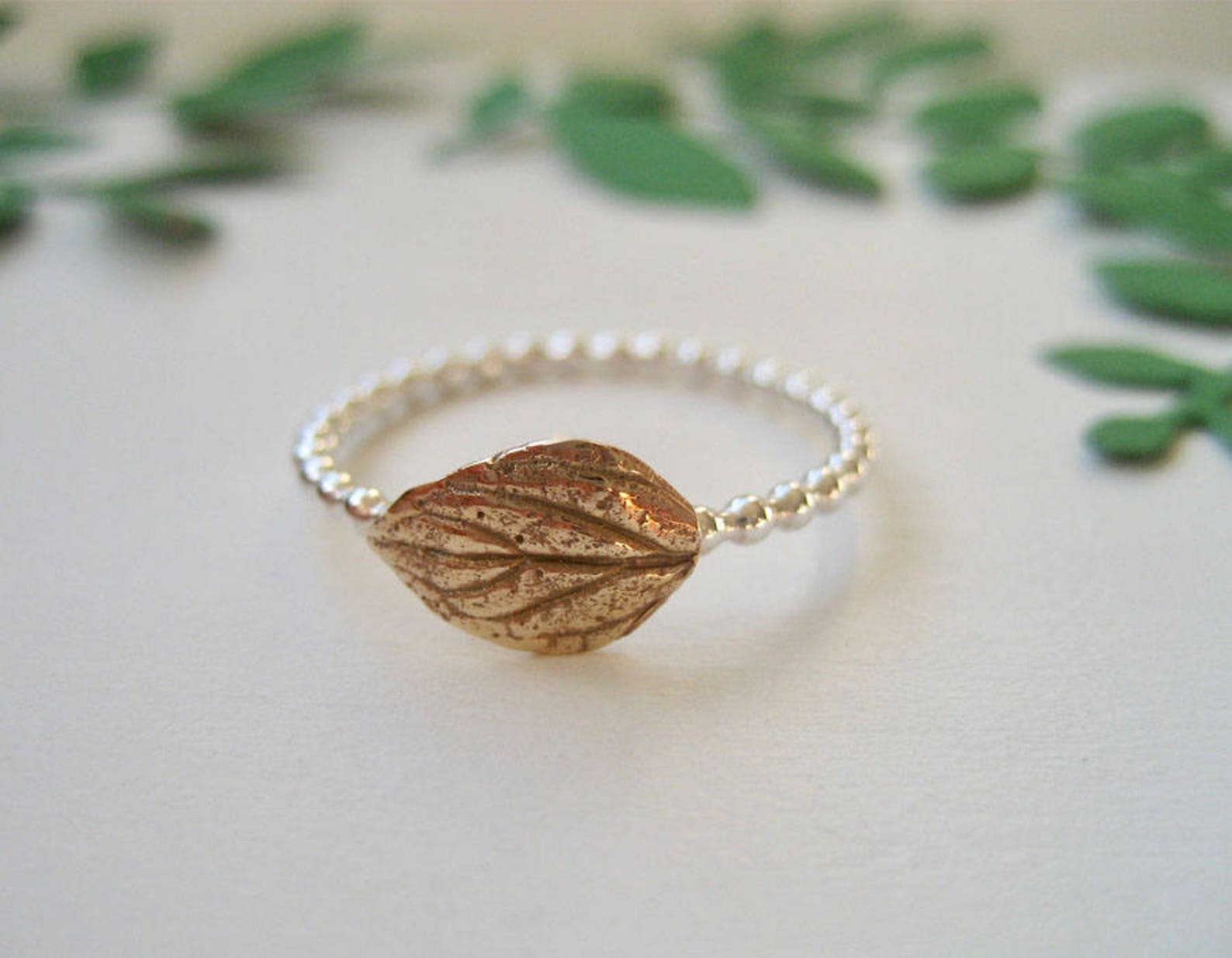 Tiny Gold Leaf Ring Autumn Ring Mixed Metal Ring Plant - Etsy