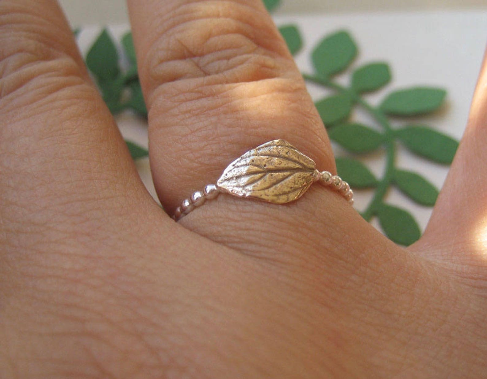 Tiny Gold Leaf Ring Autumn Ring Mixed Metal Ring Plant - Etsy