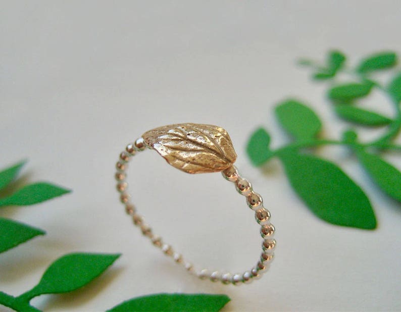 Tiny Gold Leaf Ring Autumn Ring Mixed Metal Ring Plant - Etsy