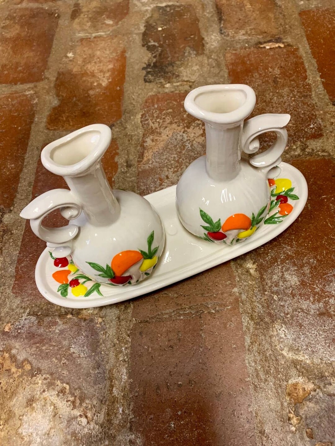 Vintage Mushroom Ceramic Cruet Set With Plate Oil and Vinegar Cruets 3 ...