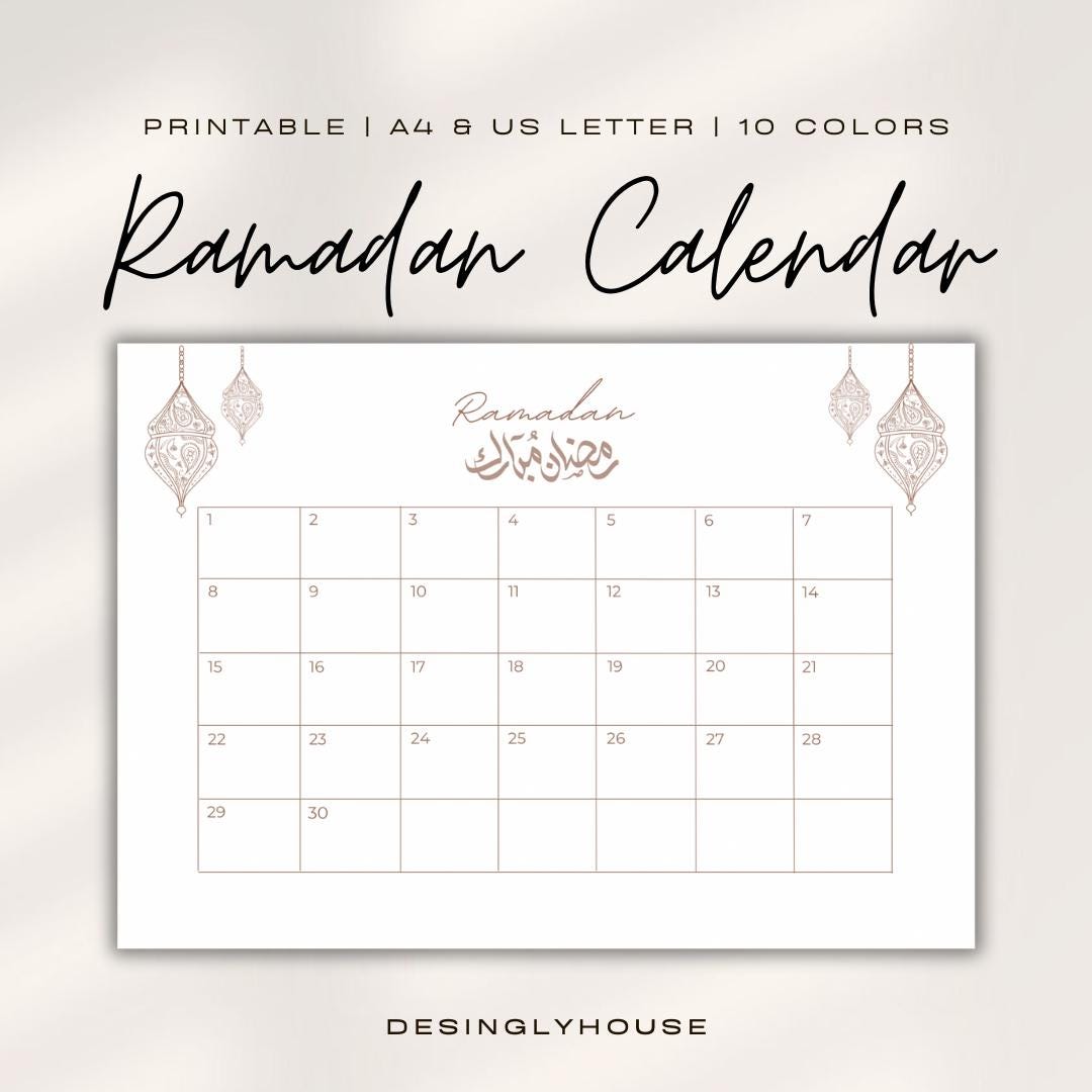 Printable Ramadan Calendar, A4 and US Letter Size, Available in 10 ...