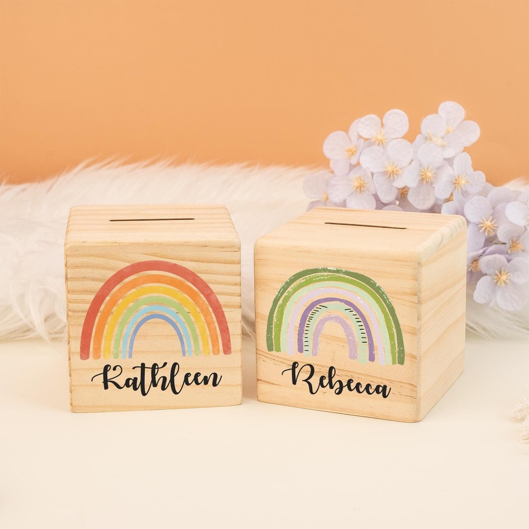 Custom Wooden Money Box With Rainbow,piggy Bank With Name,personalized ...