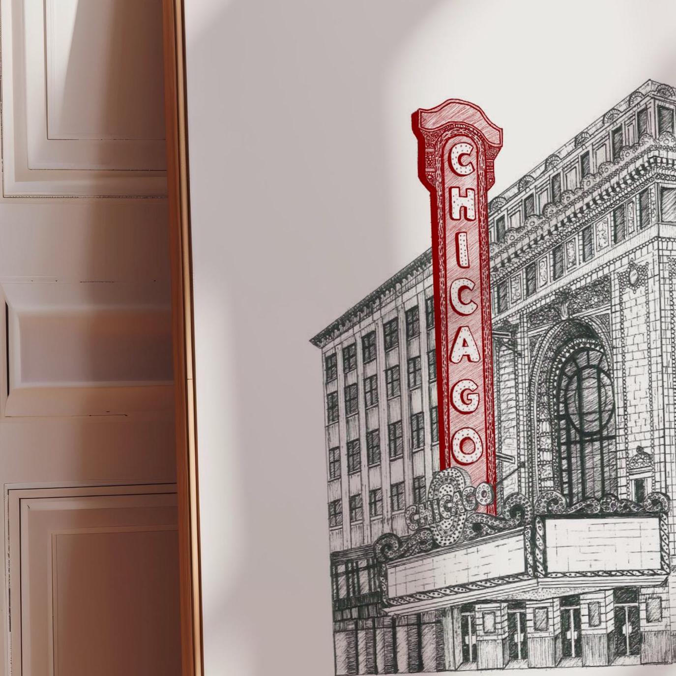 Chicago Theater Digital Art Print | Trendy Chicago Landmark Drawing ...