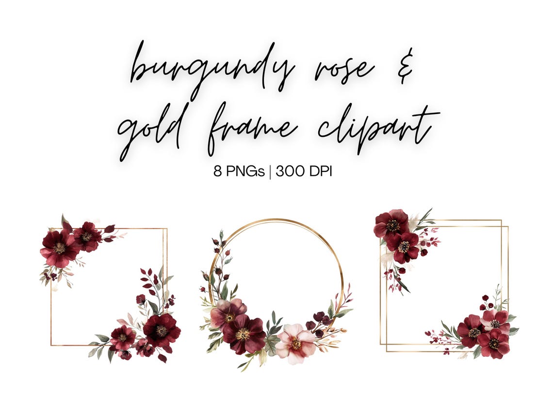Burgundy Rose and Gold Frame Clipart | Floral Frame Clipart, Floral ...