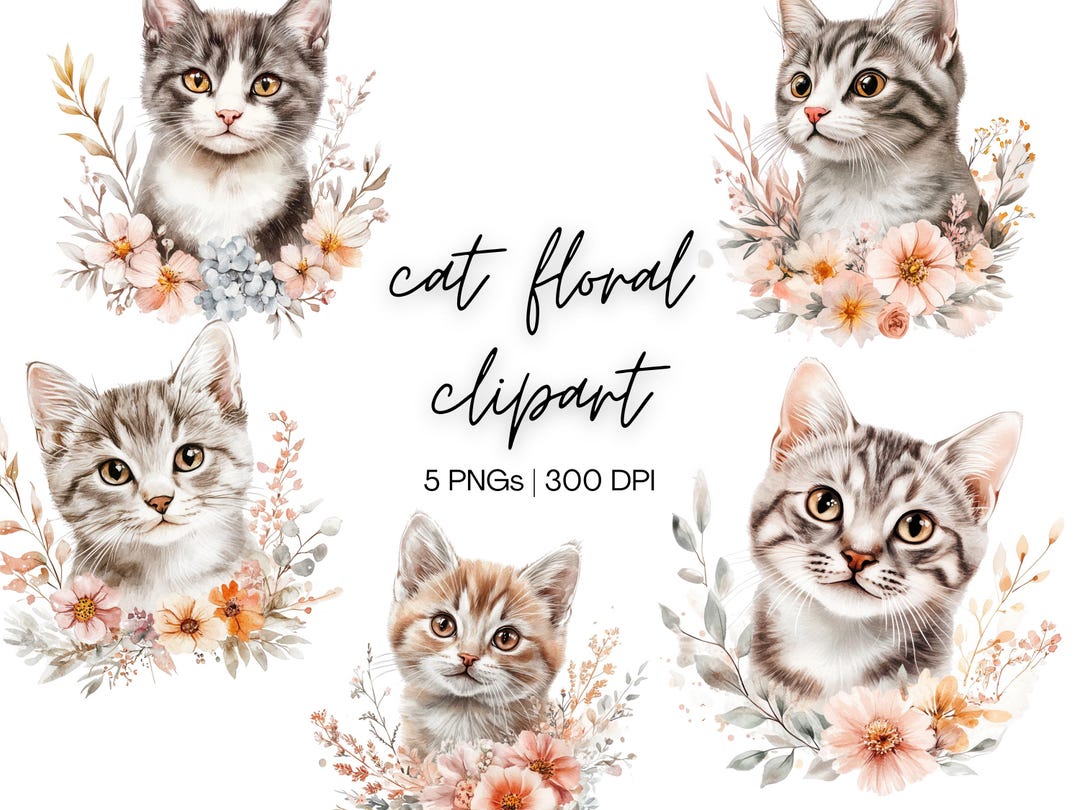 Cat Floral Background Clipart Pack | Floral Cat Clipart, Floral Cat PNG ...