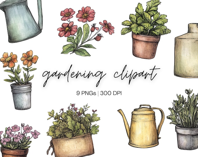 Watercolor Gardening Clipart Png Bundle, Spring Garden Clipart, Garden ...