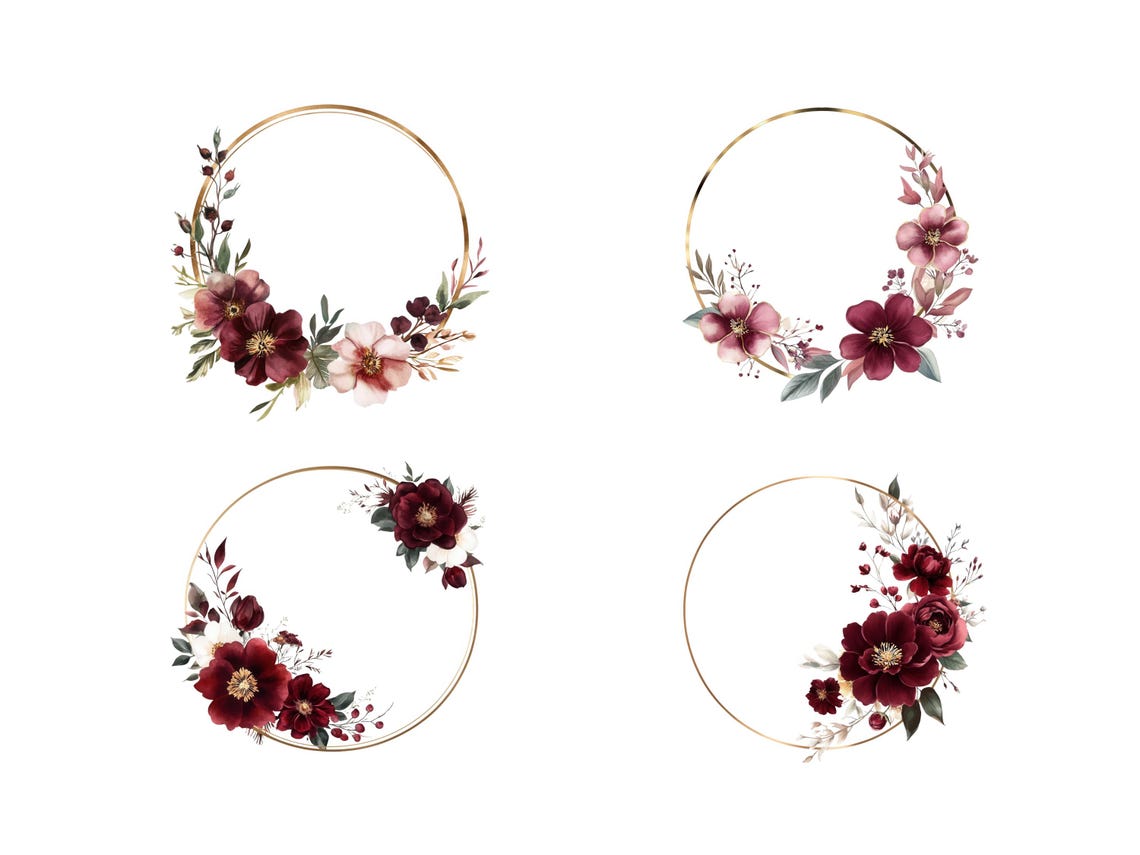 Burgundy Rose and Gold Frame Clipart | Floral Frame Clipart, Floral ...