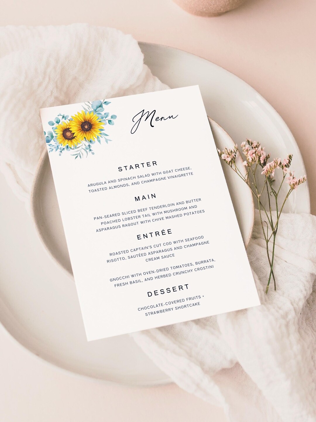 SADIE Editable Menu Card Template, 4x9 Long Menus, Printable Sunflower ...