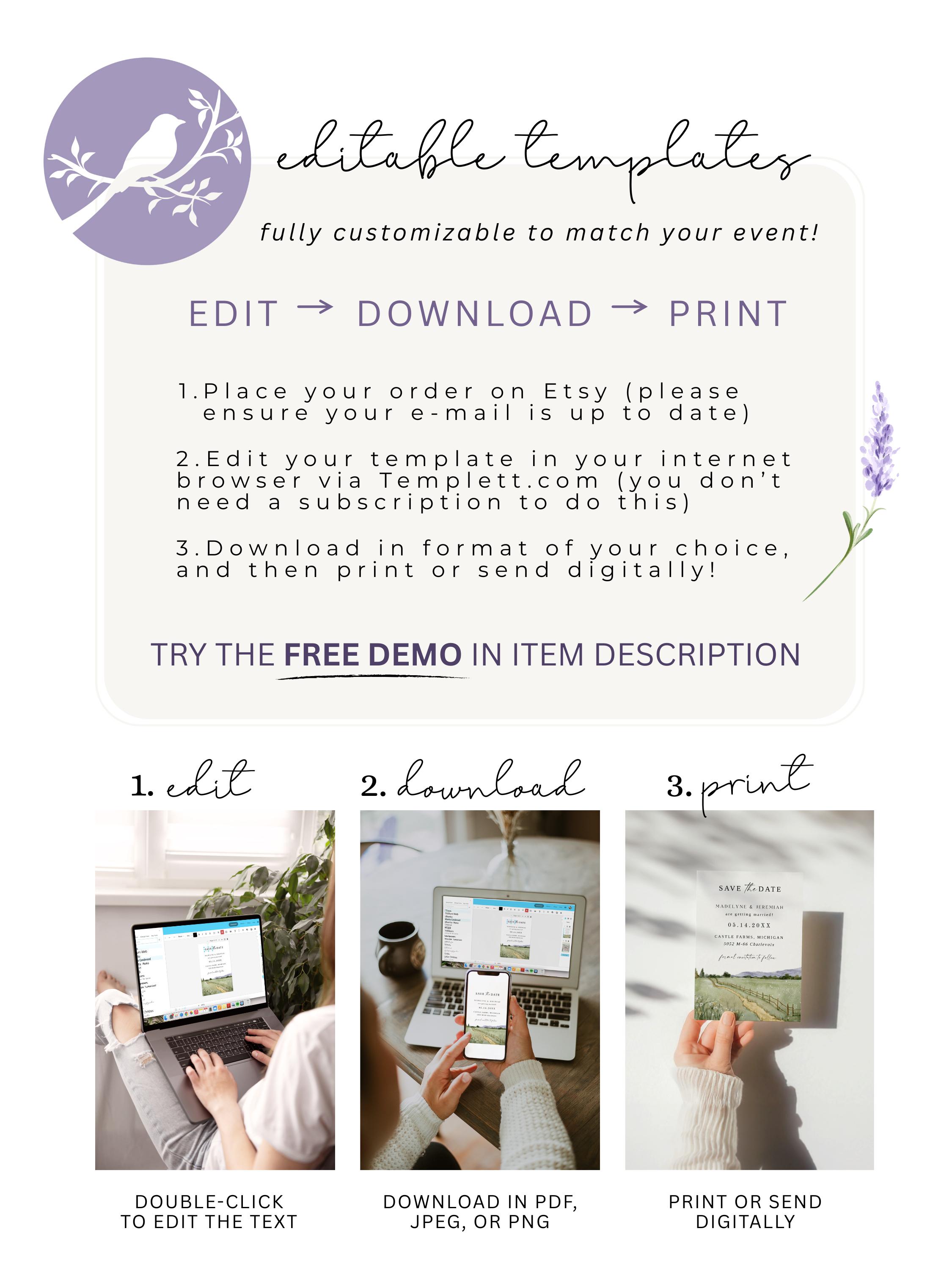 Editable Bookmark Template, Printable Wedding Favors, Boho Bridal ...