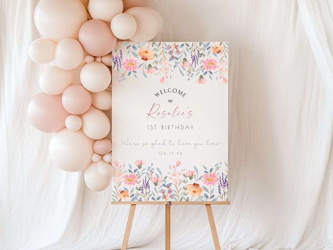 Wildflower 1st Birthday Party Sign Editable Template, Printable Floral ...