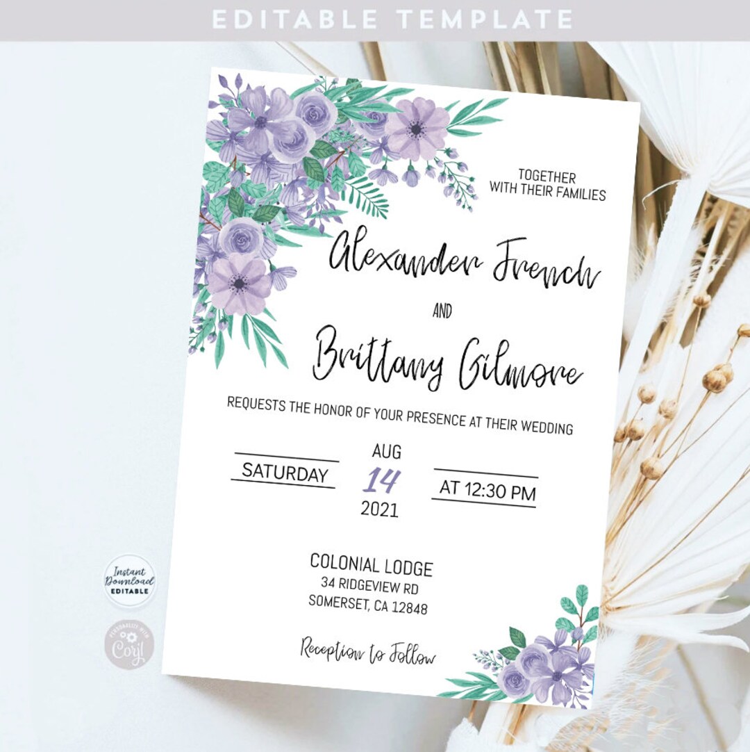 Editable Lavender Floral Wedding Invitation, Wedding Template, Digital ...