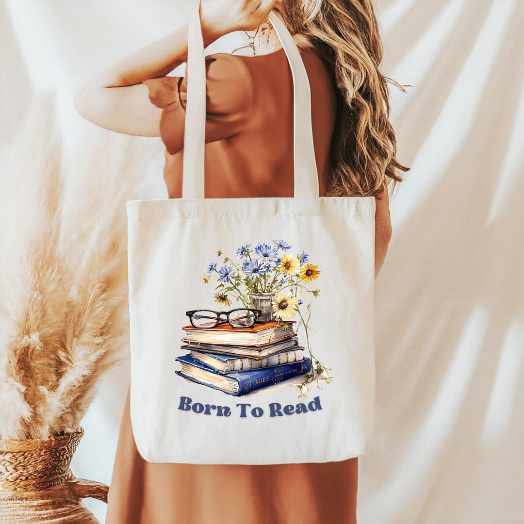 Floral Book Stack Tote Bag: "born to Read" Cotton Bookworm Gift - Etsy