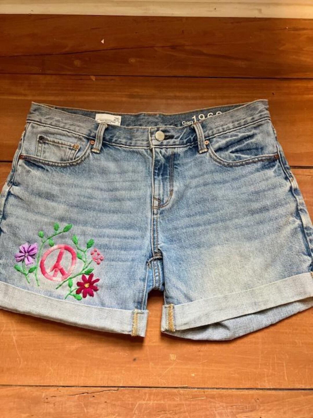 Embroidered Denim Shorts: Peace Sign, Flowers, Glass Beads - Upcycled ...