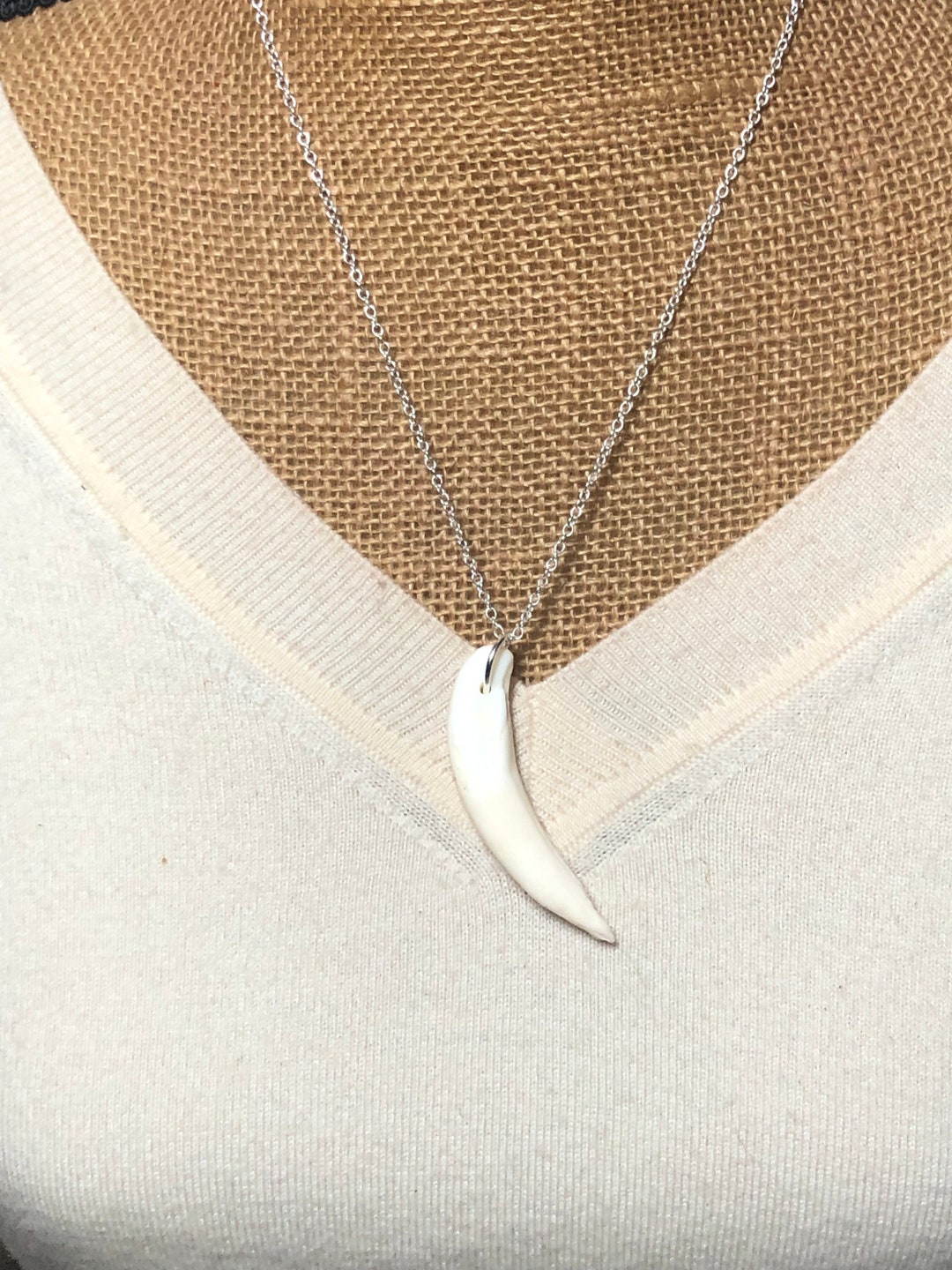 Wolf Fang Tooth, 925 Sterling Silver Stamped Chain or Black Leather ...