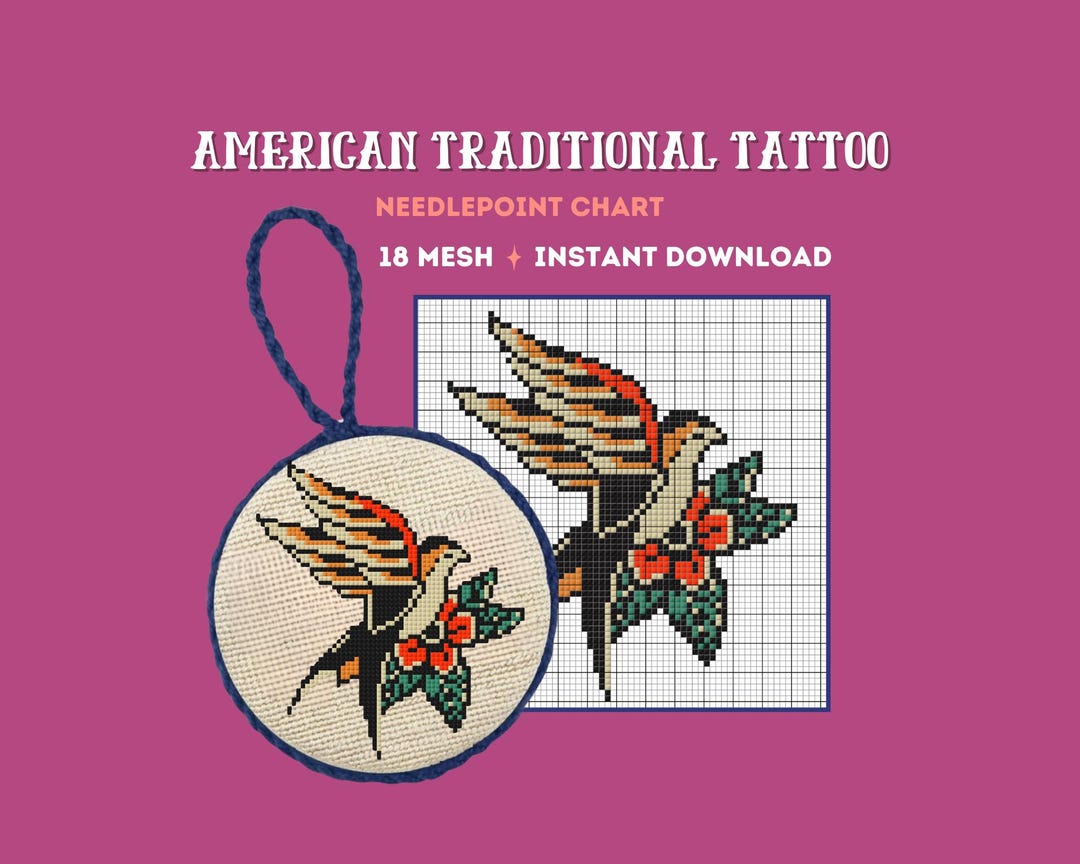 American Traditional Swallow Tattoo Needlepoint Canvas Pattern Digital ...