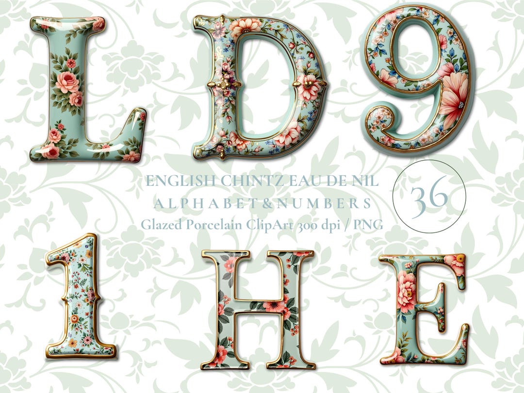 English Chintz Pastel Eau De Nil Letter Clipart, Alphabet & Number PNG ...