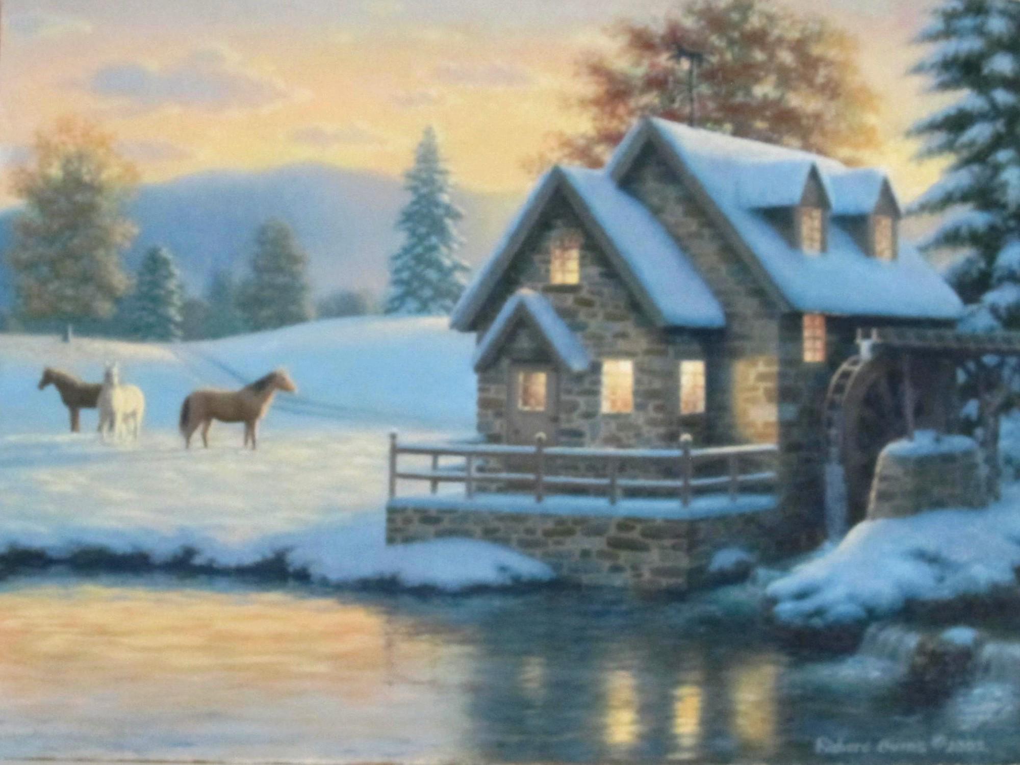 Nostalgia Old Mill Landscape Scene Original Painting, Change of Season ...