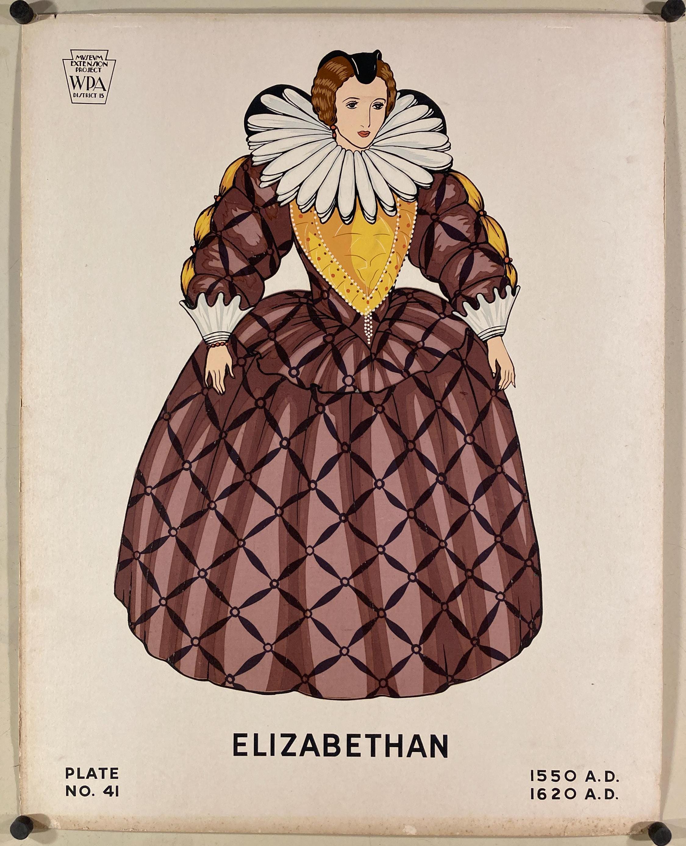 WPA Museum Extension Project: 18" X 23" Costume Drawing, Hand-colored ...