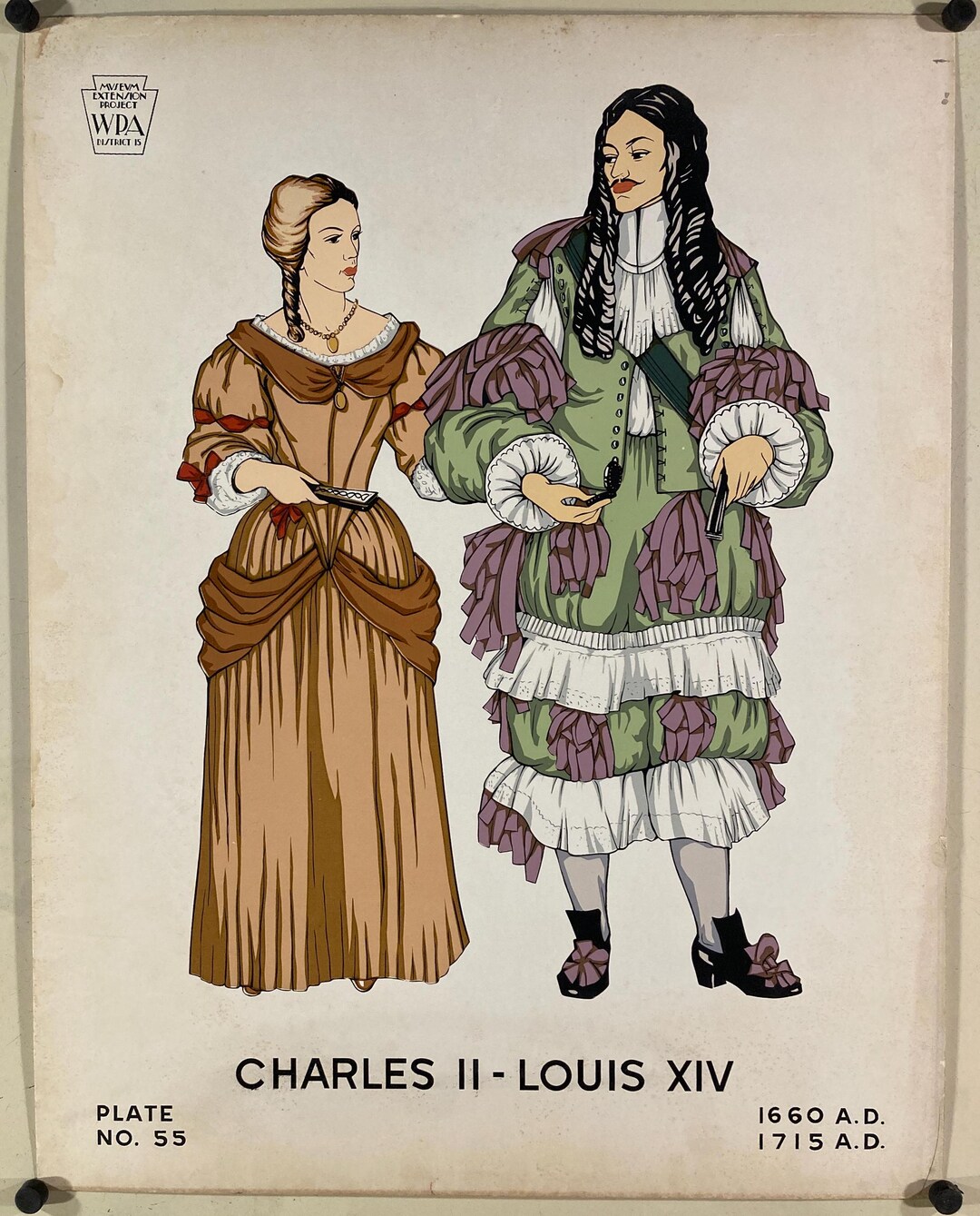 WPA Museum Extension Project: 18" X 23" Costume Drawing, Hand-colored ...