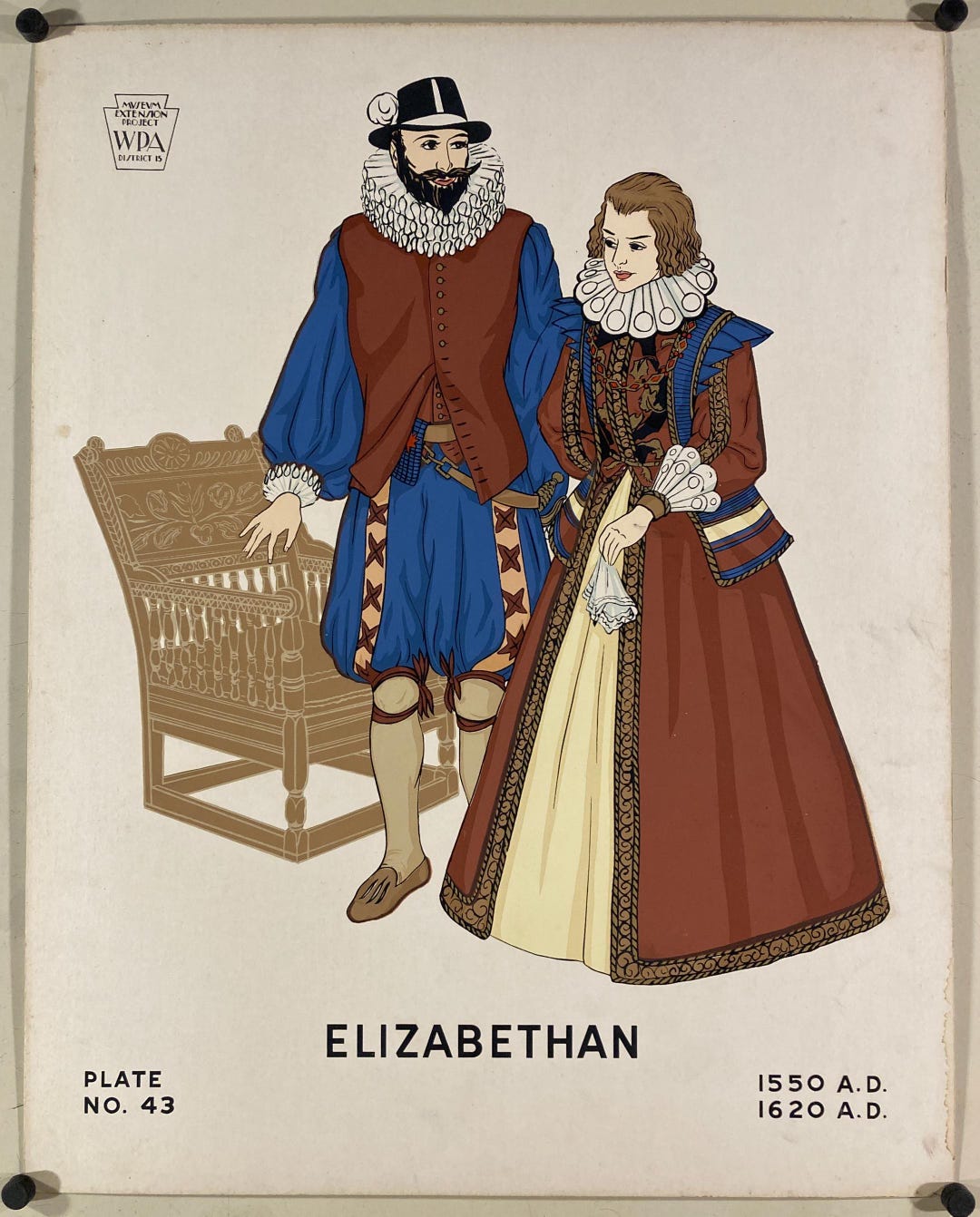 WPA Museum Extension Project: 18" X 23" Costume Drawing, Hand-colored ...