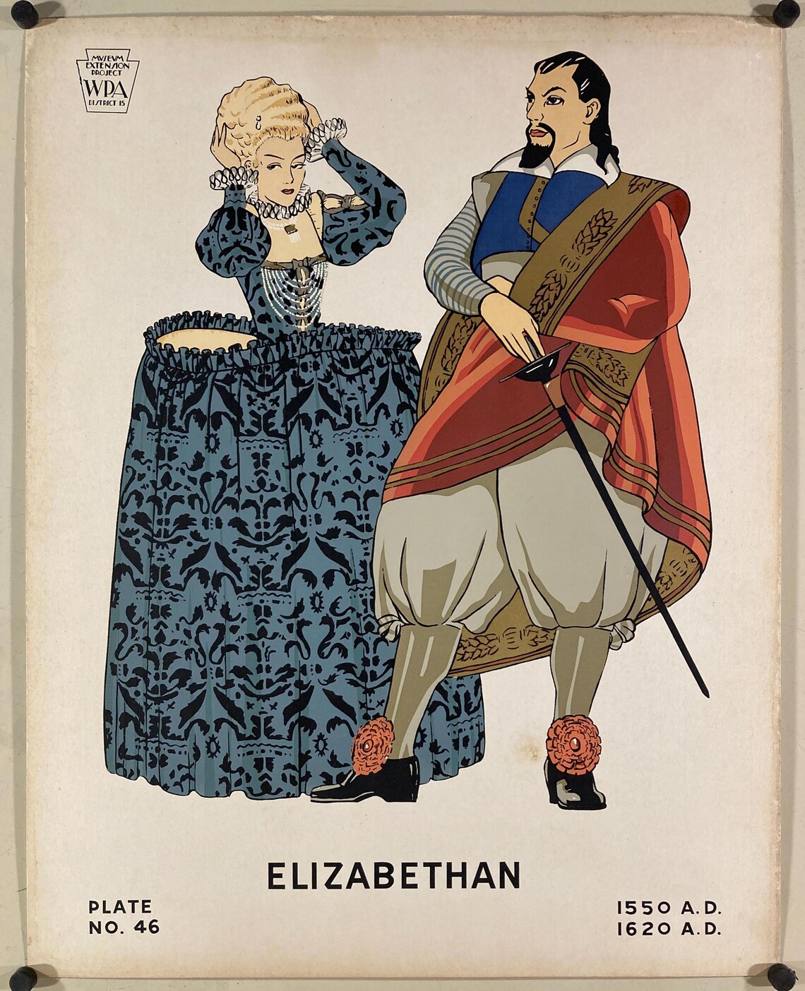 WPA Museum Extension Project: 18" X 23" Costume Drawing, Hand-colored ...