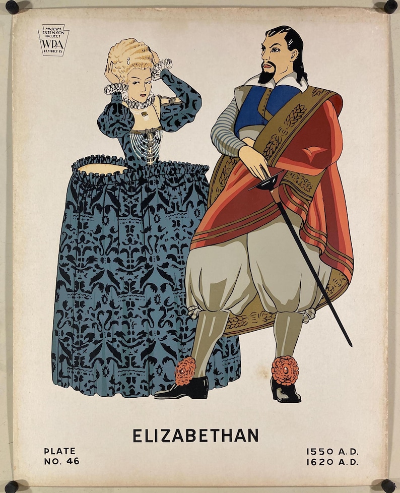WPA Museum Extension Project: 18" X 23" Costume Drawing, Hand-colored ...