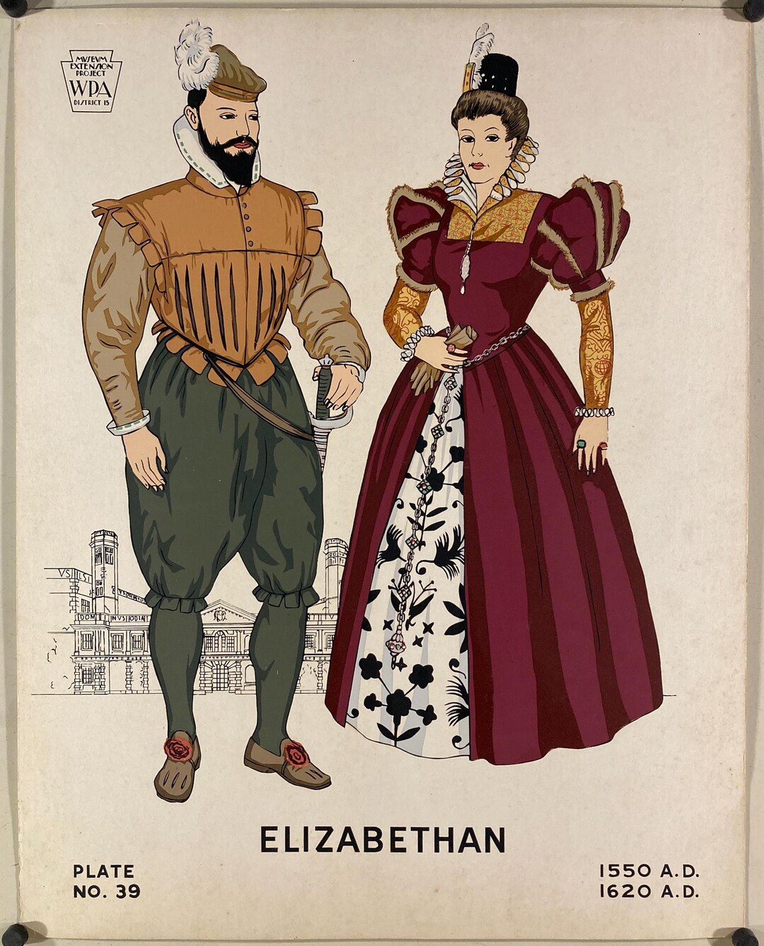 WPA Museum Extension Project: 18" X 23" Costume Drawing, Hand-colored ...