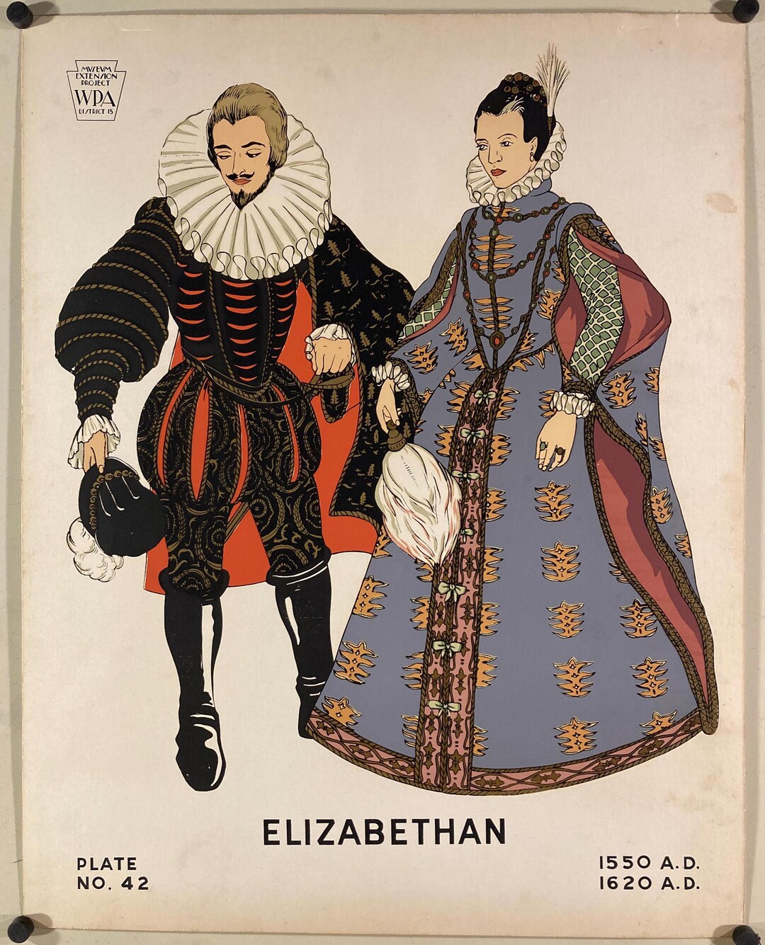 WPA Museum Extension Project: 18" X 23" Costume Drawing, Hand-colored ...