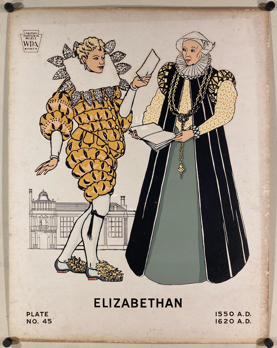 WPA Museum Extension Project: 18" X 23" Costume Drawing, Hand-colored ...