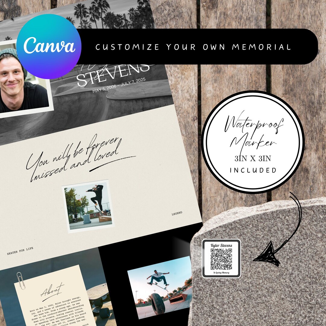 Personalized Memorial Page and Headstone Marker, 3x3 Waterproof Outdoor ...
