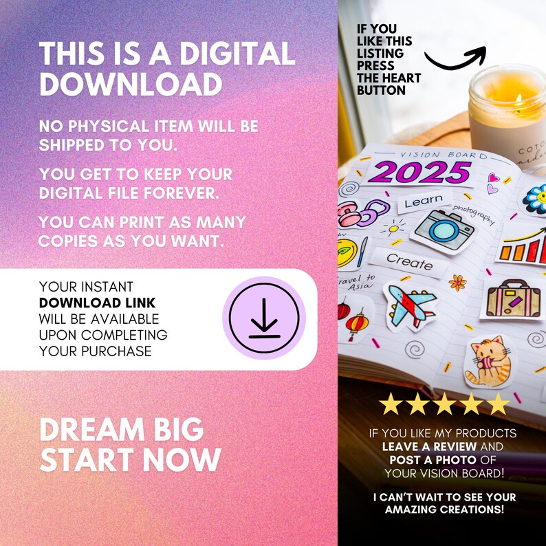 2025 Vision Board Kit Coloring Printable Law of Attraction Print ...