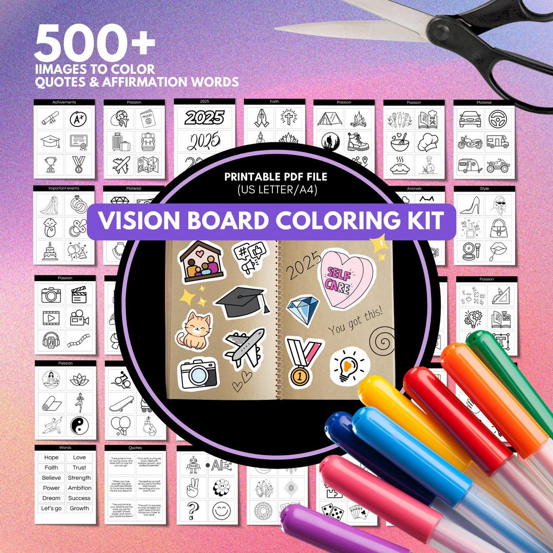 2025 Vision Board Kit Coloring Printable Law of Attraction Print ...