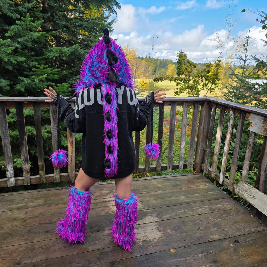 Faux Fur Spirit Dino Hoodling: Rave Festival Costume With Backpacking ...