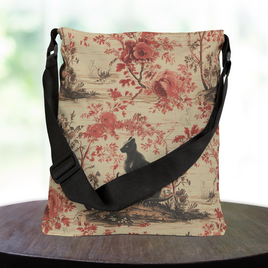 Adjustable Tote Bag, AOP All Over Print, Black Cat Toile Bag, Antique ...