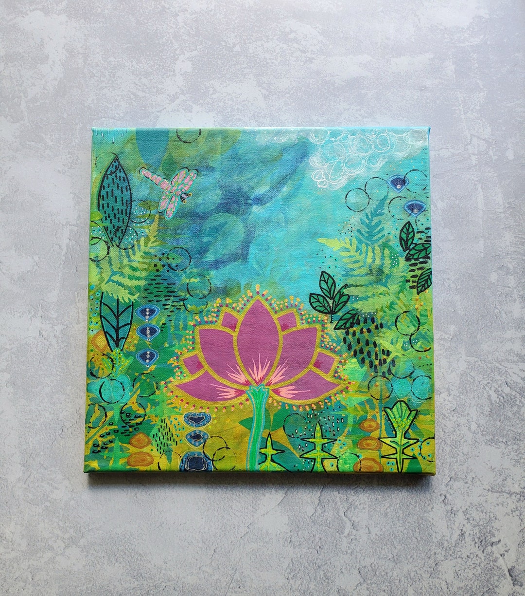 Magenta Lotus, Acrylic Painting, 12x12 Inch Canvas, Lotus, Dragonfly ...