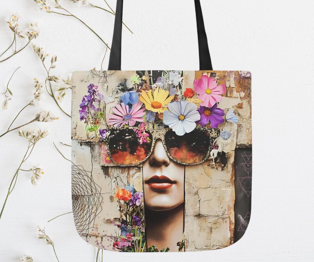Bohemian Collage Canvas Tote Bag, Woman's Face With Sunglasses, 3-color ...