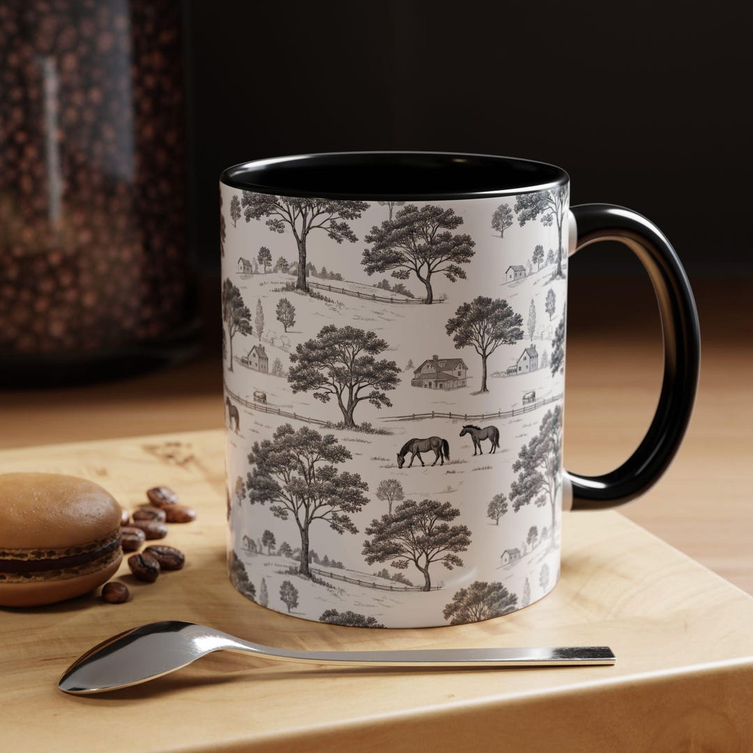 Toile Country Scene Mug | Horse & Tree Pattern Accent Coffee Mug, Black ...