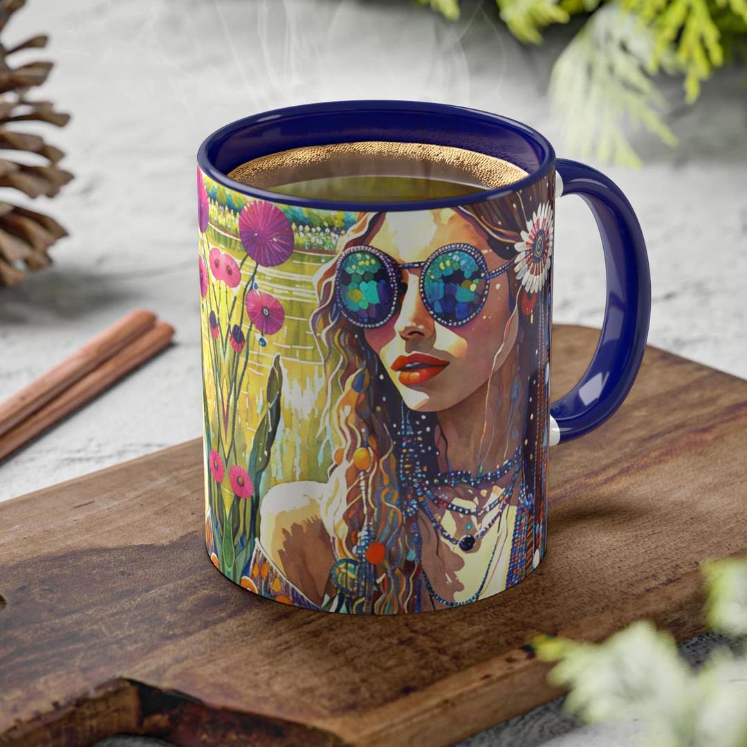 Bohemian Woman With Sunglasses Mugs, Colorful Mugs, 11oz, Boho Mug ...