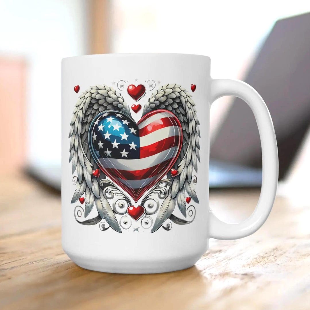 Patriotic Mug, Angel Wings Memorial Cup, USA Flag Heart Coffee Mug ...
