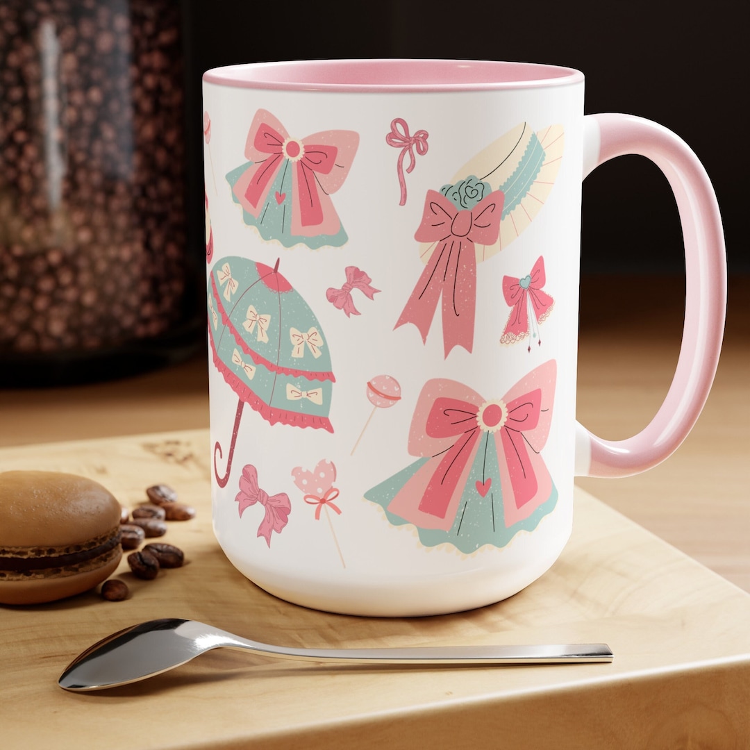 Coquette Large Mug, Two-tone Coffee Mugs, 15oz, Pinks, Aqua, Beige on ...