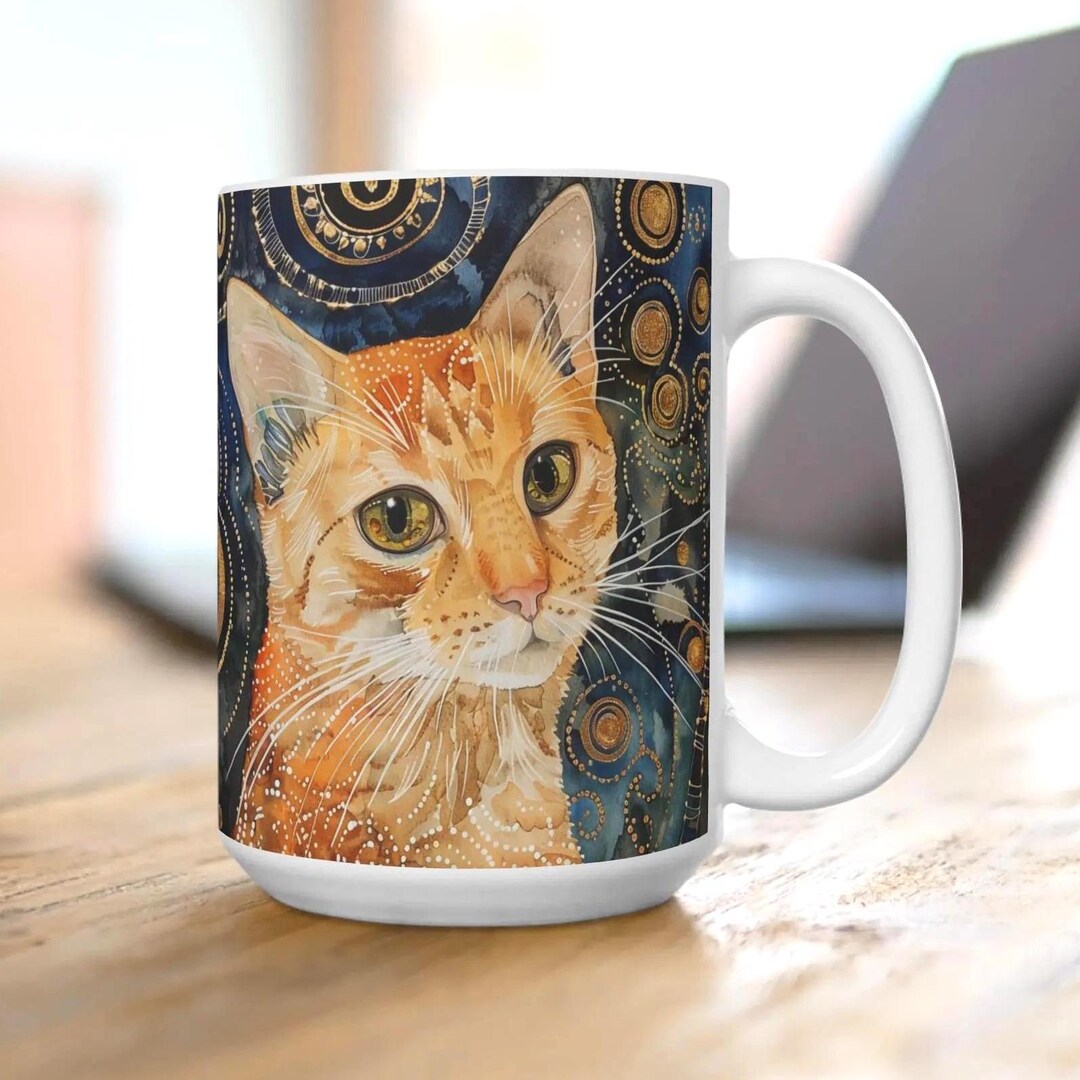 Gustav Klimt Inspired Ginger Cat Mug 15oz - Cat Lovers Ceramic Coffee ...